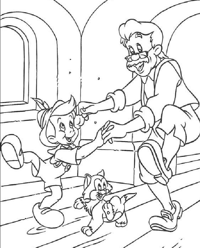 Coloriage a imprimer Pinocchio danse avec Gepetto gratuit et colorier